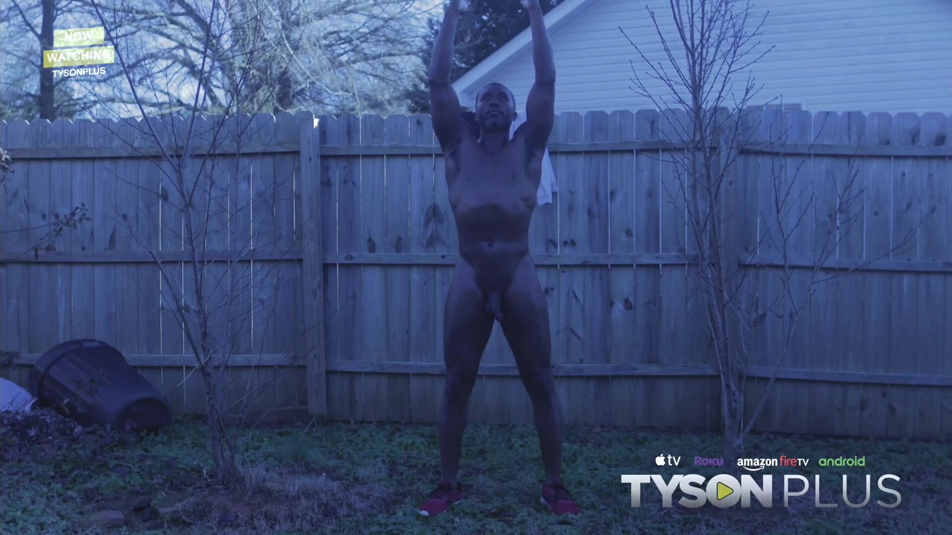 Black Actor Stretches Nude Outdoors